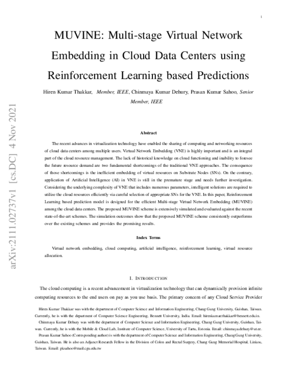 Pdf Muvine Multi Stage Virtual Network Embedding In Cloud Data Centers Using Reinforcement