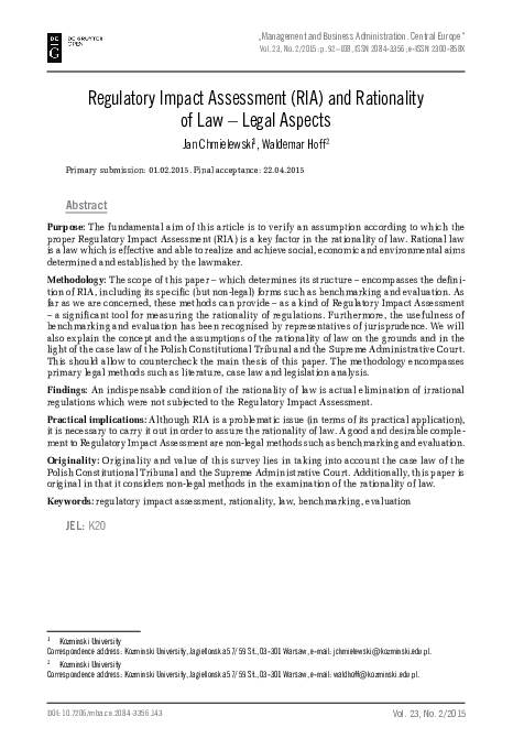 (PDF) Regulatory Impact Assessment (RIA) and Rationality of Law – Legal Aspects