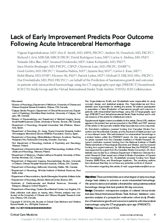 (PDF) Lack of Early Improvement Predicts Poor Outcome Following Acute Intracerebral Hemorrhage
