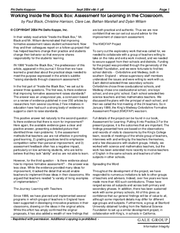 (PDF) Working inside the Black Box: Assessment for Learning in the ...