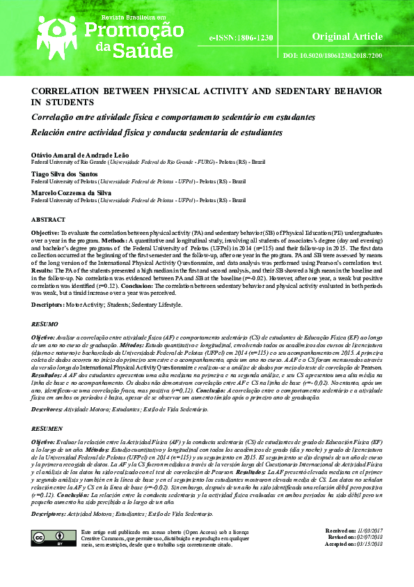 (PDF) Correlation between physical activity and sedentary behavior in students