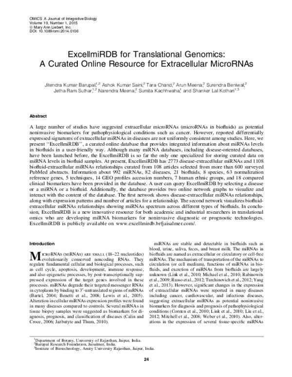 (PDF) ExcellmiRDB for Translational Genomics: A Curated Online Resource for Extracellular MicroRNAs