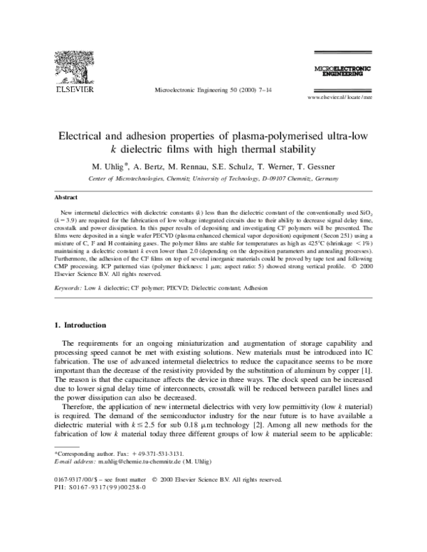 (PDF) Electrical and adhesion properties of plasma-polymerised ultra ...