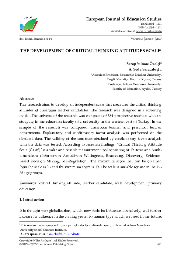 (PDF) The Development of Critical Thinking Attitudes Scale