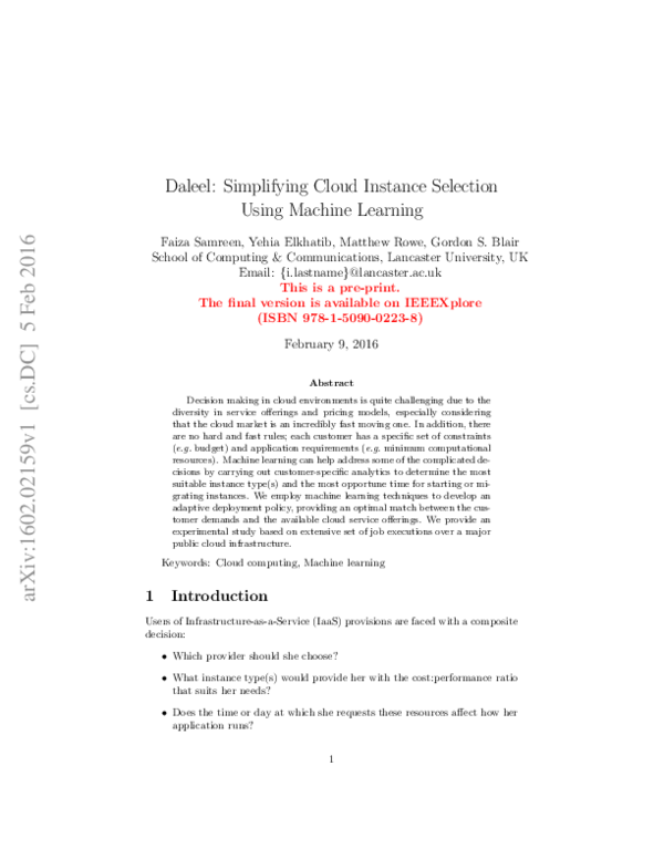 Pdf Daleel Simplifying Cloud Instance Selection Using Machine Learning Faiza Samreen