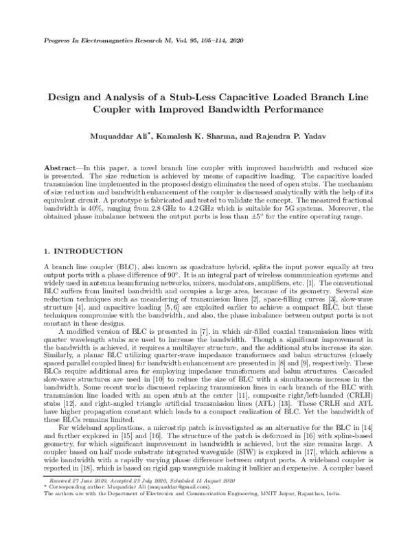(PDF) Design and Analysis of a Stub-Less Capacitive Loaded Branch Line Coupler with Improved ...