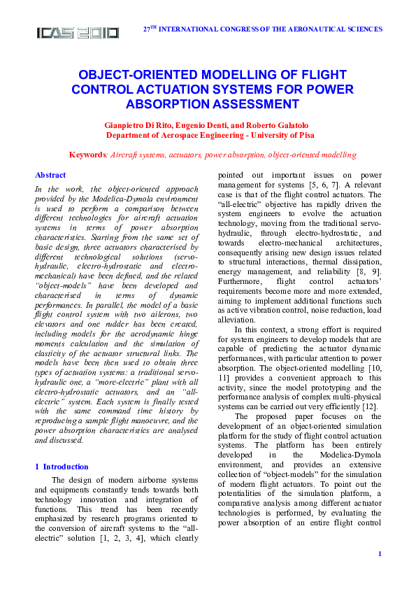 Pdf Object Oriented Modelling Of Flight Control Actuation Systems For