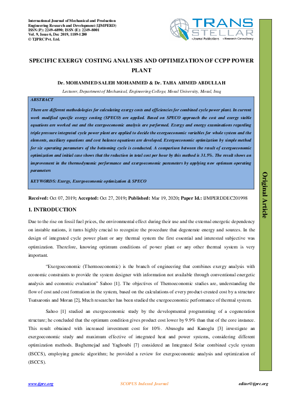 (PDF) SPECIFIC EXERGY COSTING ANALYSIS AND OPTIMIZATION OF CCPP POWER ...