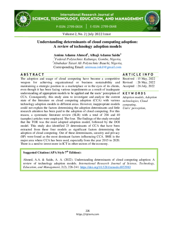 Pdf Understanding Determinants Of Cloud Computing Adoption A Review Of Technology Adoption Models