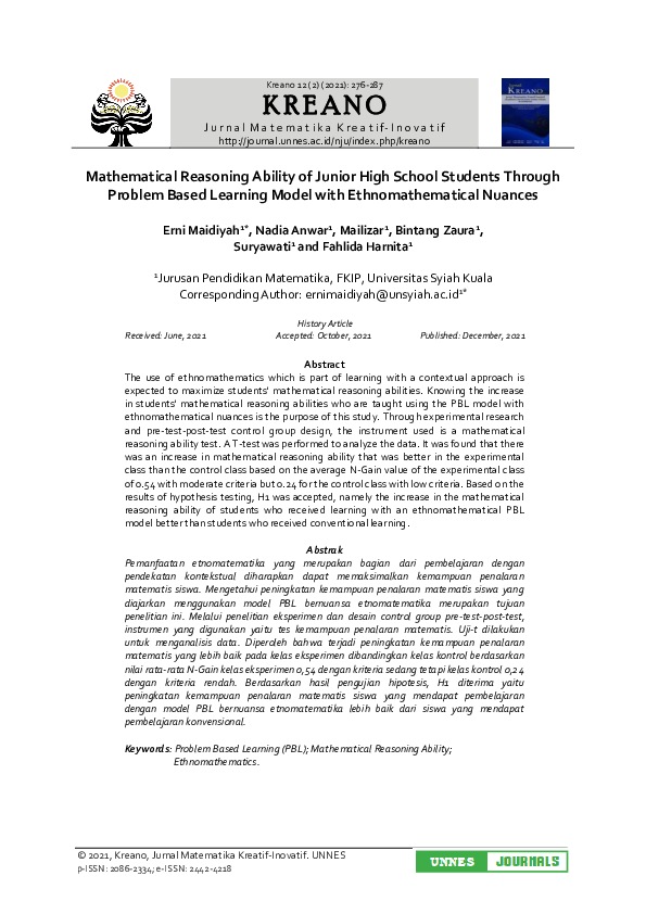 (PDF) Mathematical Reasoning Ability of Junior High School Students Through Problem Based ...