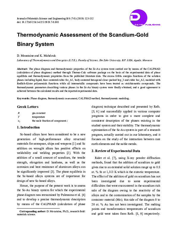 (PDF) Thermodynamic Assessment of the Scandium-Gold Binary System | k mahdouk - Academia.edu