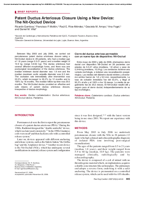 (PDF) Patent Ductus Arteriosus Closure Using a New Device: The Nit ...
