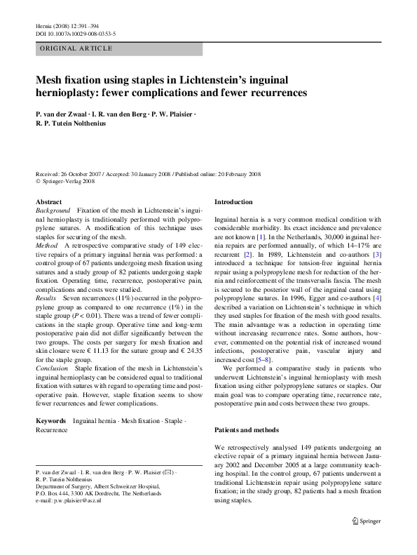 (PDF) Mesh fixation using staples in Lichtenstein’s inguinal hernioplasty: fewer complications ...