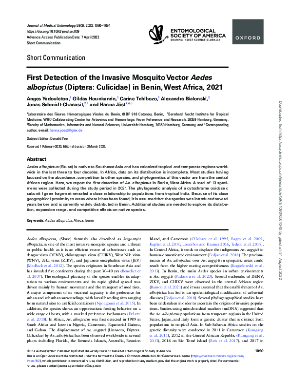 (PDF) First Detection of the Invasive Mosquito Vector Aedes albopictus ...