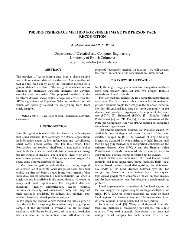 (PDF) PSEUDO-FISHERFACE METHOD FOR SINGLE IMAGE PER PERSON FACE RECOGNITION