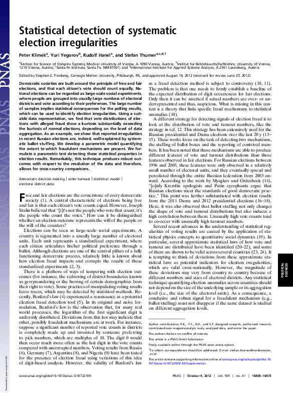 Pdf Statistical Detection Of Systematic Election Irregularities