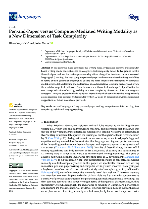 (PDF) Pen-and-Paper versus Computer-Mediated Writing Modality as a New Dimension of Task Complexity