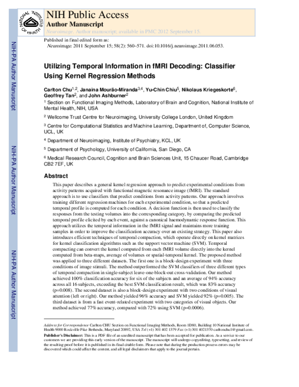 (PDF) Utilizing temporal information in fMRI decoding: Classifier using kernel regression methods
