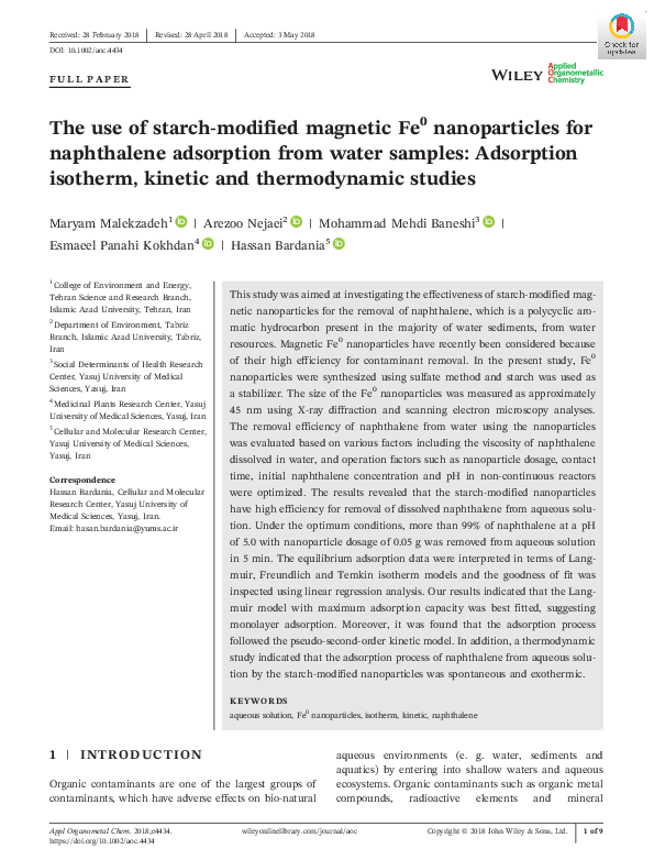 Pdf The Use Of Starch Modified Magnetic Fe0 Nanoparticles For