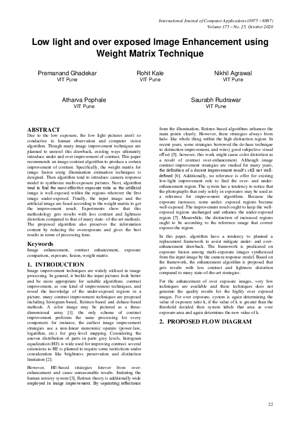 (PDF) Low light and over exposed Image Enhancement using Weight Matrix Technique