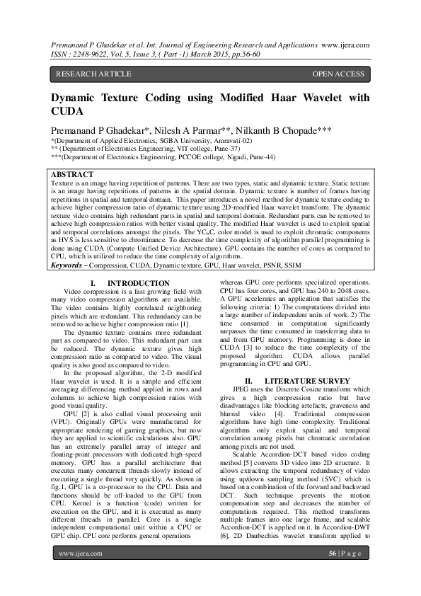 Pdf Dynamic Texture Coding Using Modified Haar Wavelet With Cuda