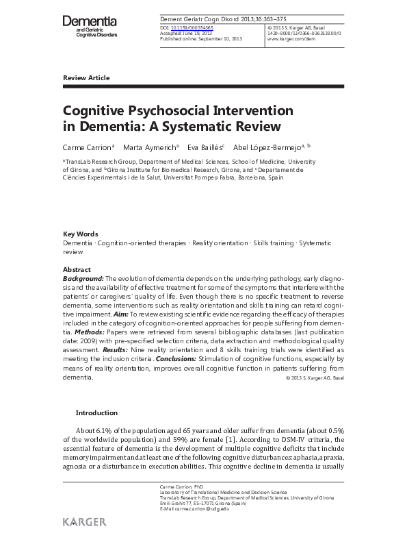 (PDF) Cognitive Psychosocial Intervention in Dementia: A Systematic Review | Carme Carrion ...