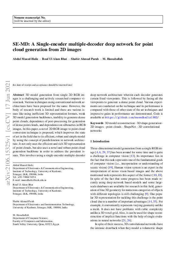 Pdf Se Md A Single Encoder Multiple Decoder Deep Network For Point Cloud Generation From 2d