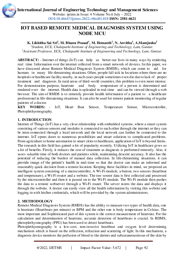 (PDF) Iot Based Remote Medical Diagnosis System Using Node McU