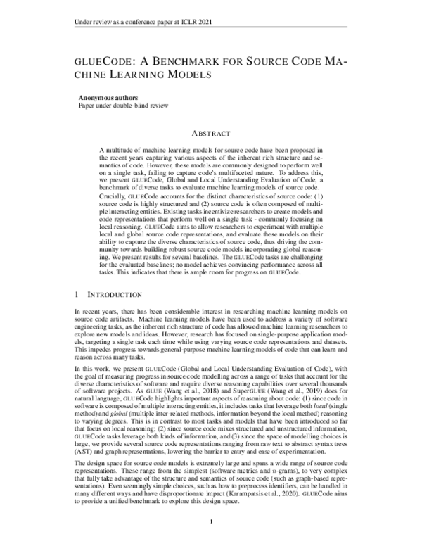 (PDF) GLUECode: A Benchmark for Source Code Machine Learning Models (PDF) GLUECode: A Benchmark for Source Code Machine Learning Models