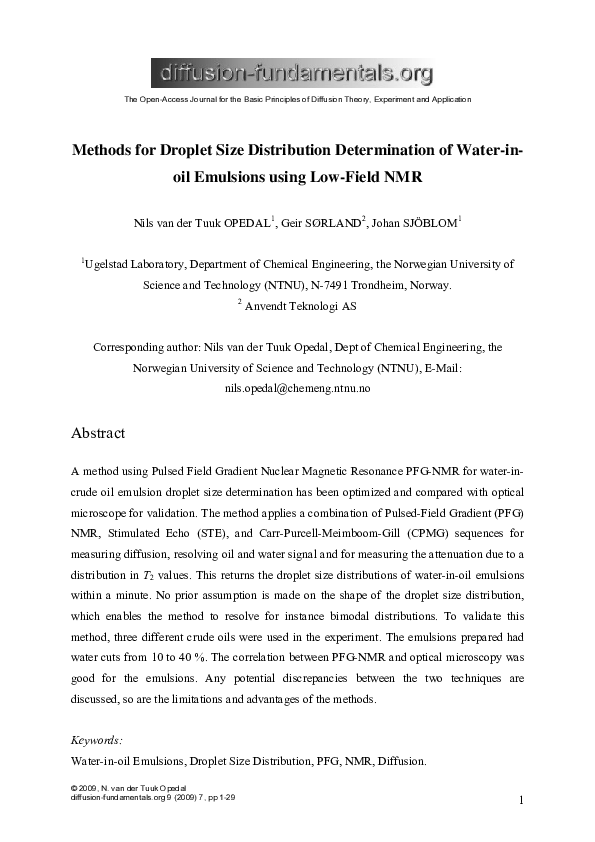 (PDF) Methods for Droplet Size Distribution Determination of Water-in- oil Emulsions using Low ...