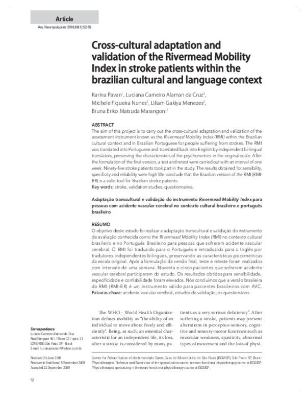 (PDF) Cross-cultural adaptation and validation of the Rivermead Mobility Index in stroke ...