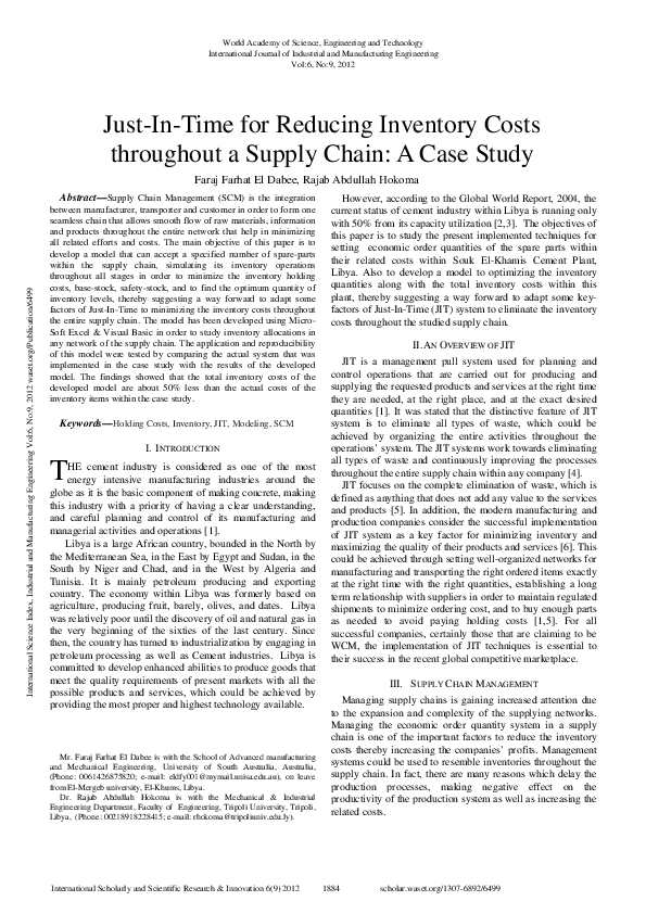 (PDF) Just-In-Time For Reducing Inventory Costs Throughout A Supply Chain: A Case Study