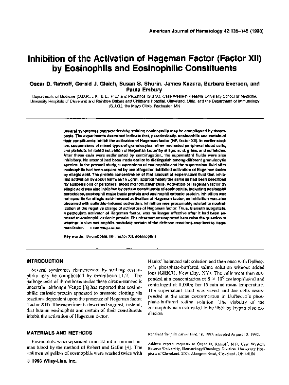 (PDF) Inhibition of the activation of hageman factor (factor XII) by ...