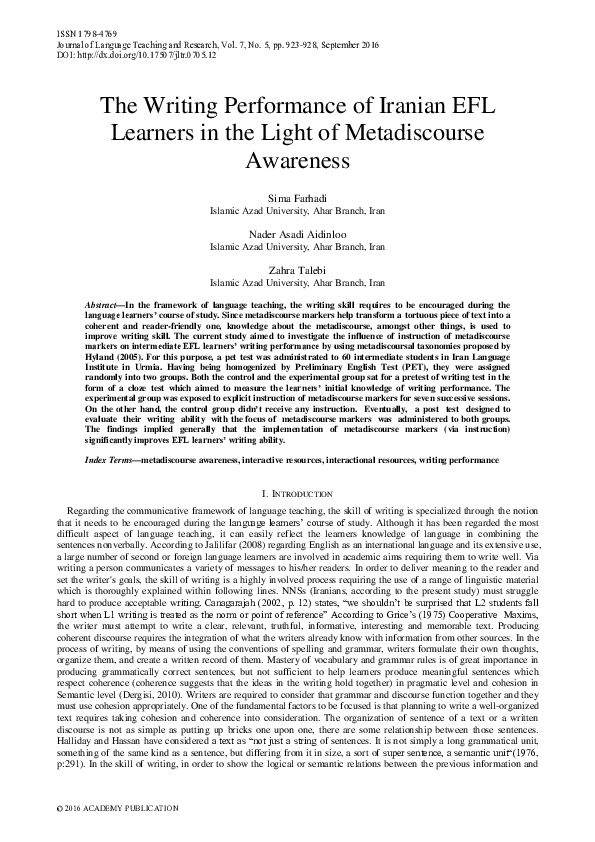 (PDF) The Writing Performance of Iranian EFL Learners in the Light of Metadiscourse Awareness