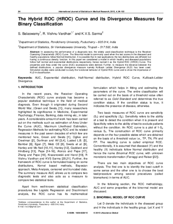 (PDF) The Hybrid ROC (HROC) Curve and its Divergence Measures for Binary Classification | KVS ...