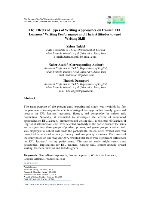 (PDF) The Effects of Types of Writing Approaches on Iranian EFL Learners’ Writing Performance ...