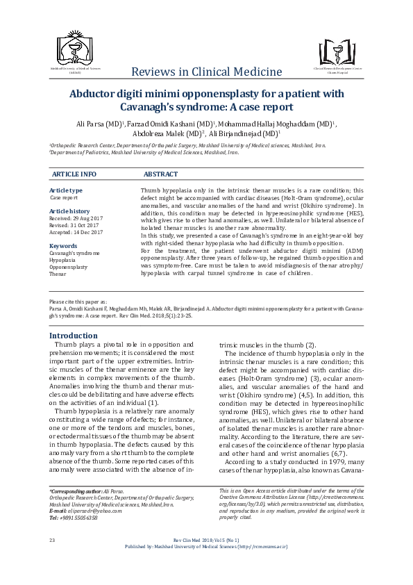 (PDF) Abductor digiti minimi opponensplasty for a patient with Cavanagh ...