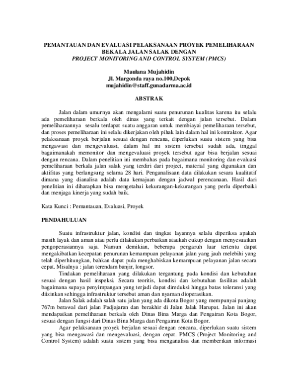 (PDF) Pemantauan Dan Evaluasi Pelaksanaan Proyek Pemeliharaan Berkala Jalan Salak Dengan Project ...