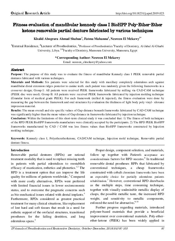 (PDF) Fitness evaluation of mandibular kennedy class I BioHPP Poly ...
