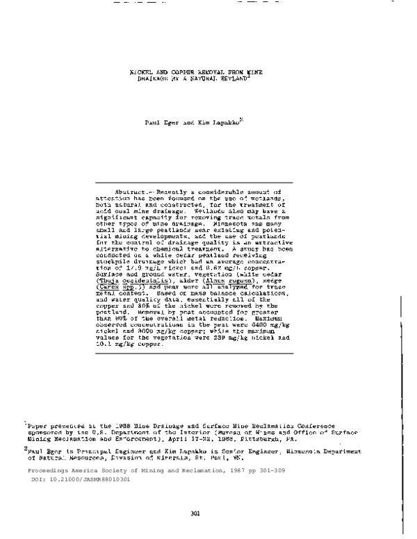 (PDF) Nickel and Copper Removal from Mine Drainage by a Natural Wetland