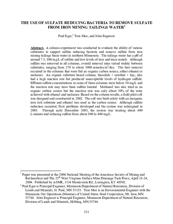 (PDF) The Use of Sulfate Reducing Bacteria to Remove Sulfate from Iron Mining Tailings Water