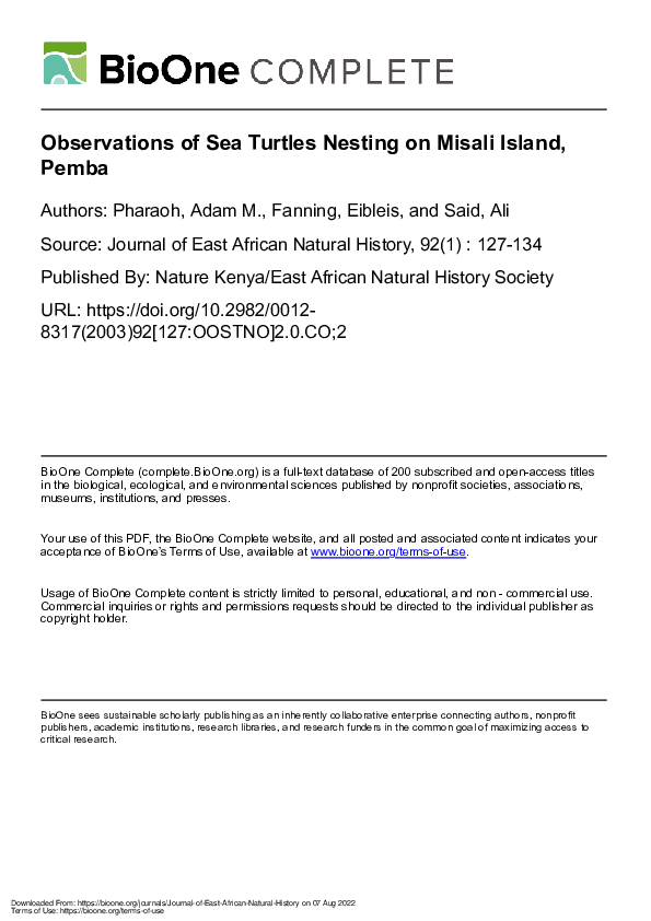 (PDF) Observations of Sea Turtles Nesting on Misali Island, Pemba