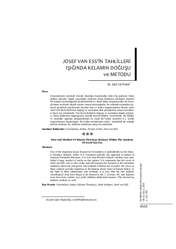 (PDF) Josef Van Ess’in Tahlilleri Işığında Kelamın Doğuşu ve Metodu ...