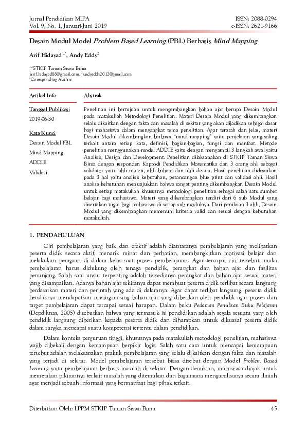 (PDF) Desain Modul Model Problem Based Learning (PBL) Berbasis Mind Mapping