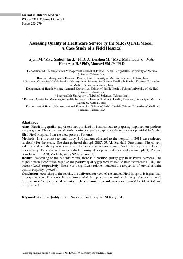 (PDF) Assessing Quality of Healthcare Service by the SERVQUAL Model: A Case Study of a Field ...