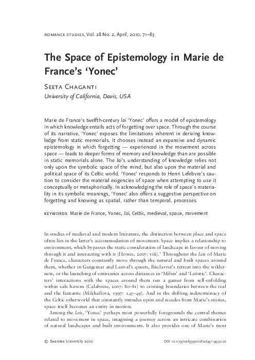 (PDF) The Space of Epistemology in Marie de France's 'Yonec