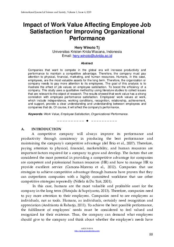 (PDF) Impact of Work Value Affecting Employee Job Satisfaction for Improving Organizational ...