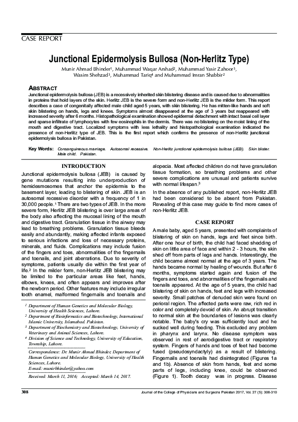 (PDF) Junctional epidermolysis bullosa, non-Herlitz type | Munir Ahmad ...