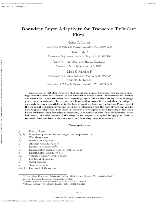 (PDF) Boundary Layer Adaptivity for Transonic Turbulent Flows