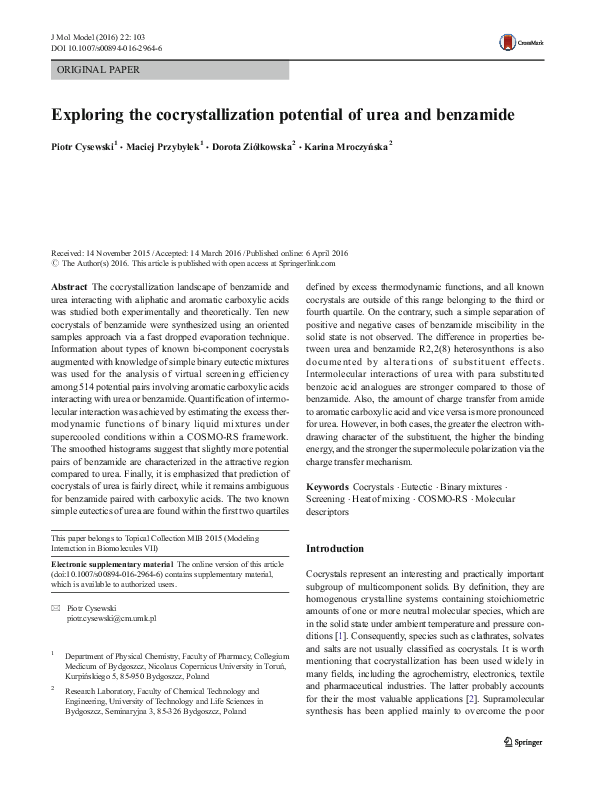 (PDF) Exploring the cocrystallization potential of urea and benzamide
